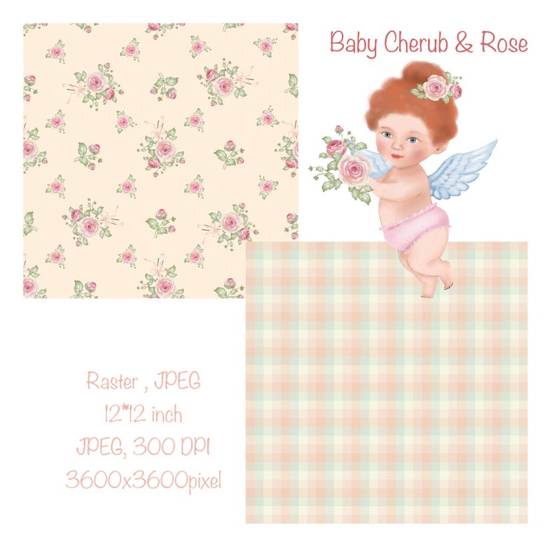 Flowers Digital Papers, Baby Cherub & Rose Seamless Patterns Set ...