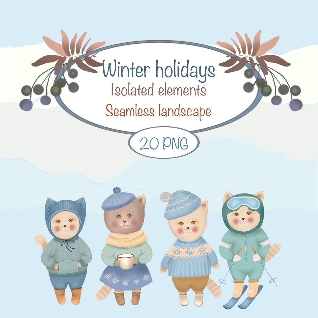 Winter Digital Clipart Set, 20 PNG Elements & Seamless Landscape, Cute ...