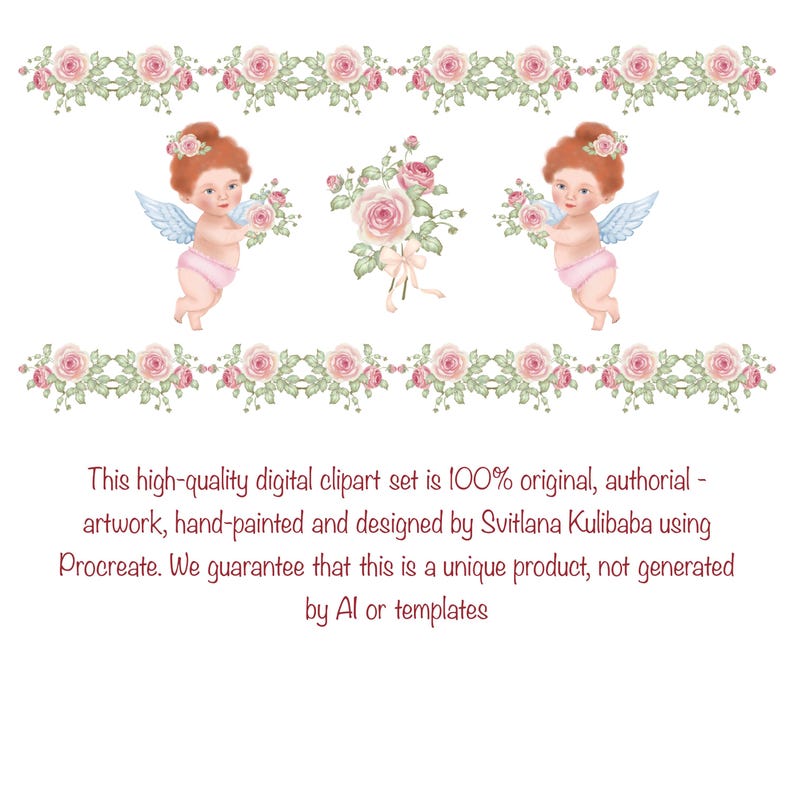 Flowers Digital Papers, Baby Cherub & Rose Seamless Patterns Set ...