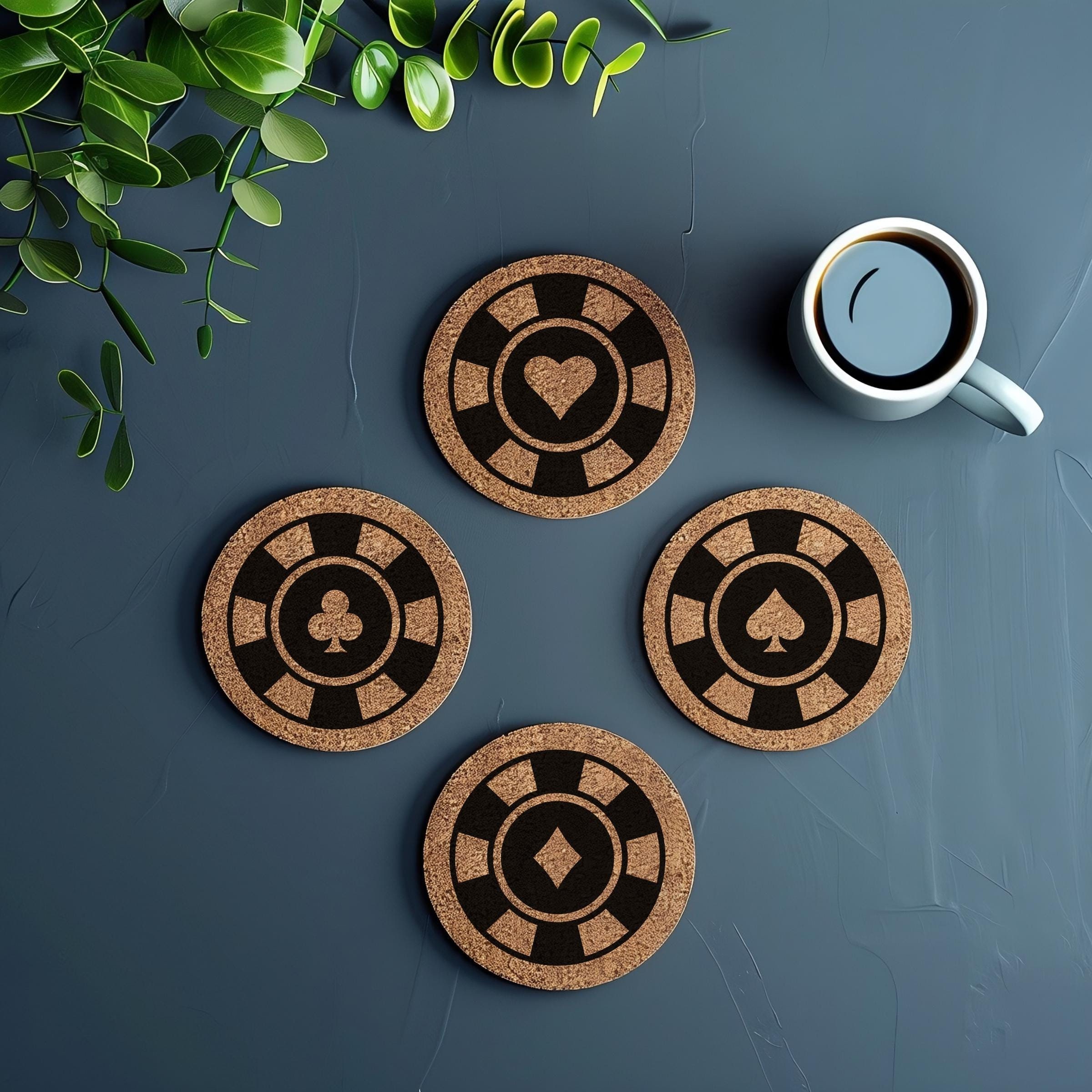 Poker Chip Coaster Set - Playing Cards Poker Chips Cork Coasters ...