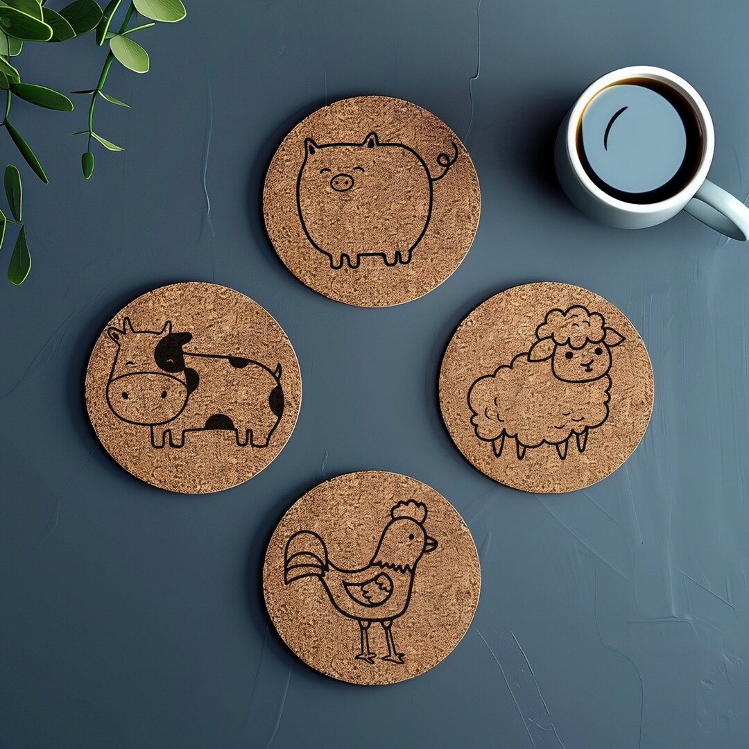 Engraved Farm Animal Cork Coaster Set | Barnyard Decor - Etsy