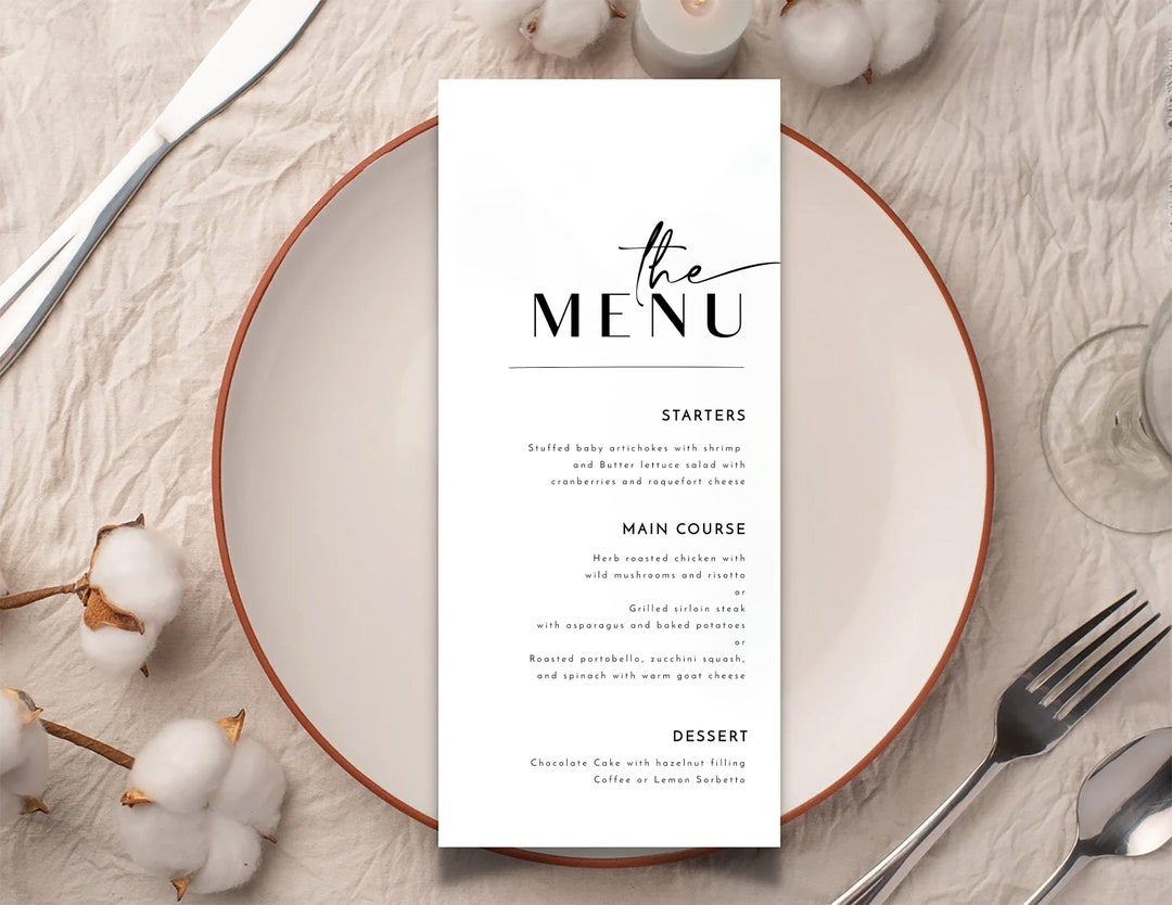 Minimalist Wedding Menu Template, Modern Script Wedding Dinner Menu ...