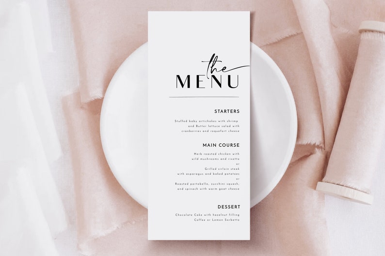 Minimalist Wedding Menu Template, Modern Script Wedding Dinner Menu ...