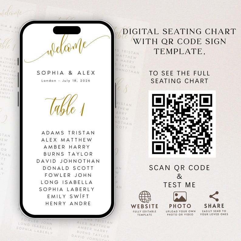 Digital Wedding Seating Chart Template: QR Code Welcome Sign - Etsy
