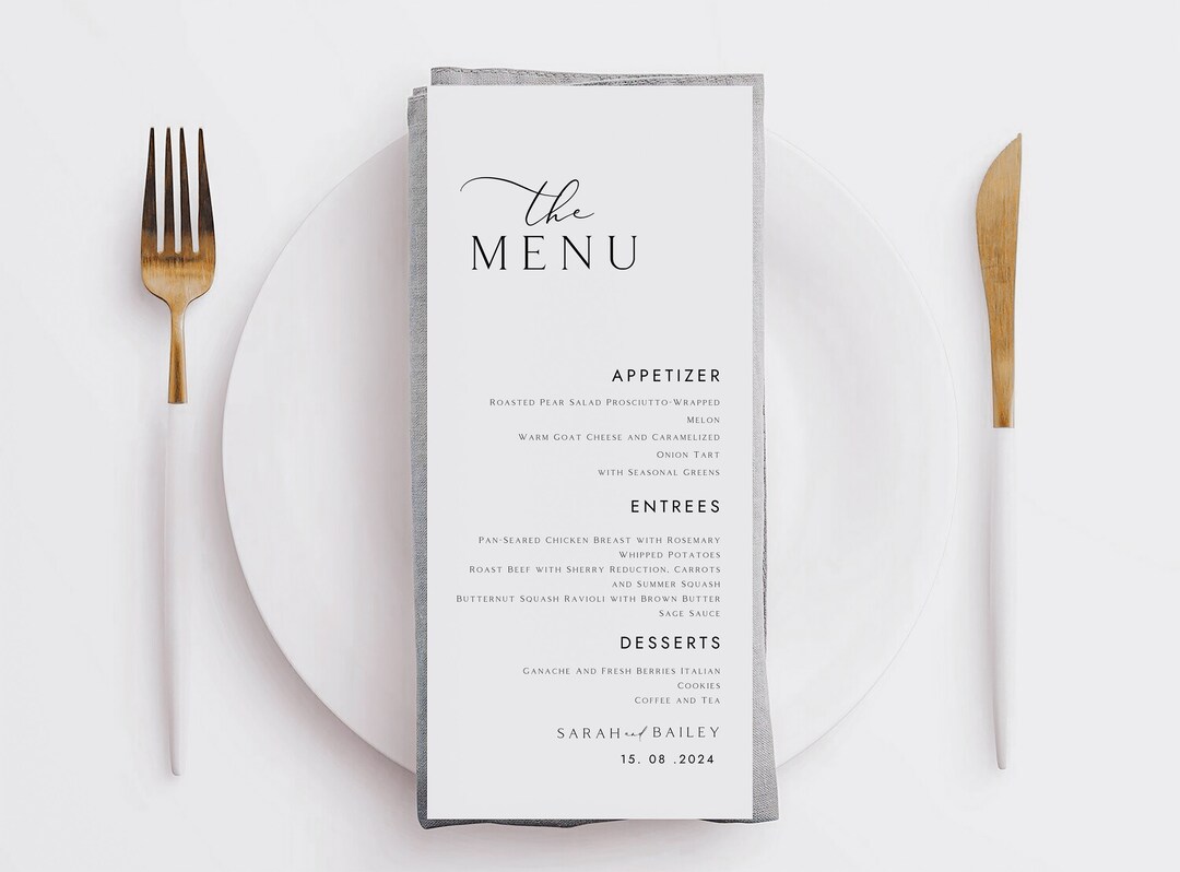 Minimalist Wedding Menu Template, Modern Script Wedding Dinner Menu ...