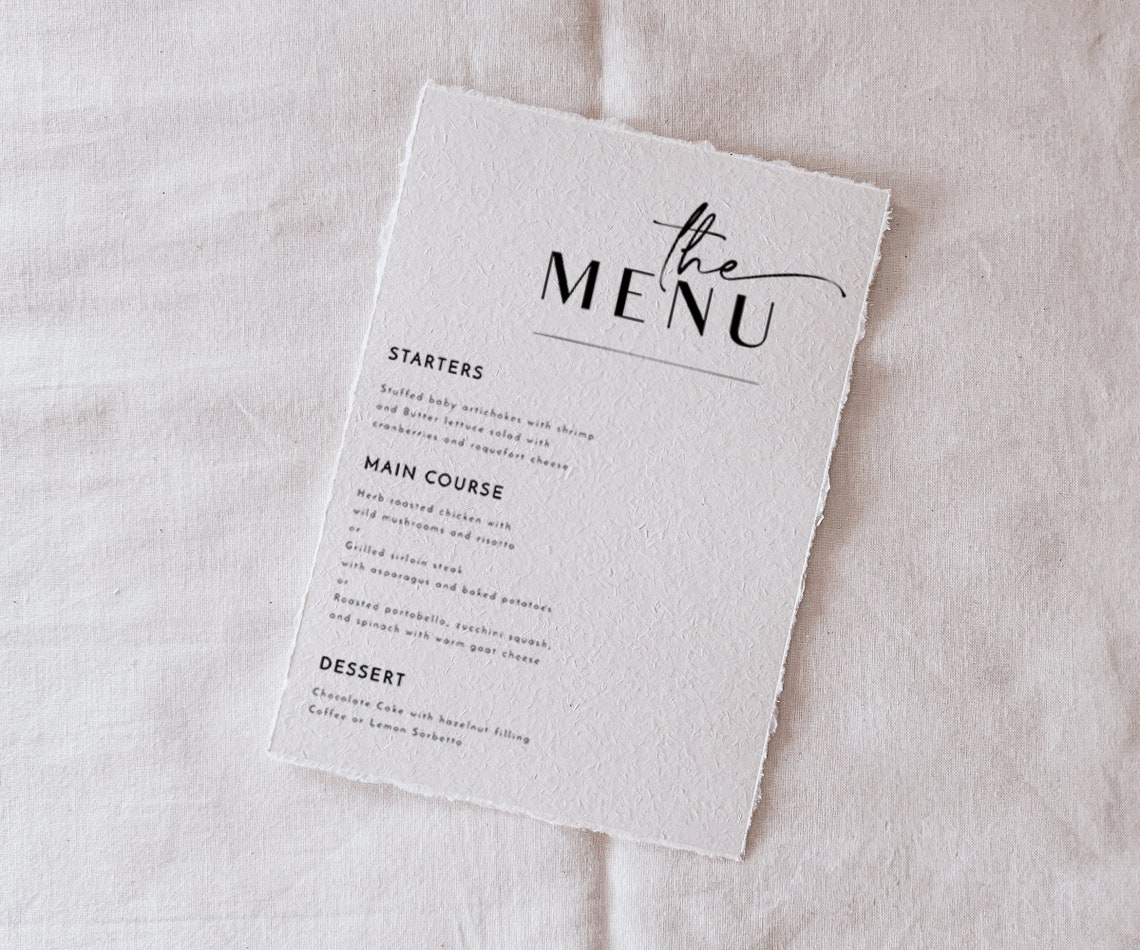 Minimalist Wedding Menu Template, Modern Script Wedding Dinner Menu ...