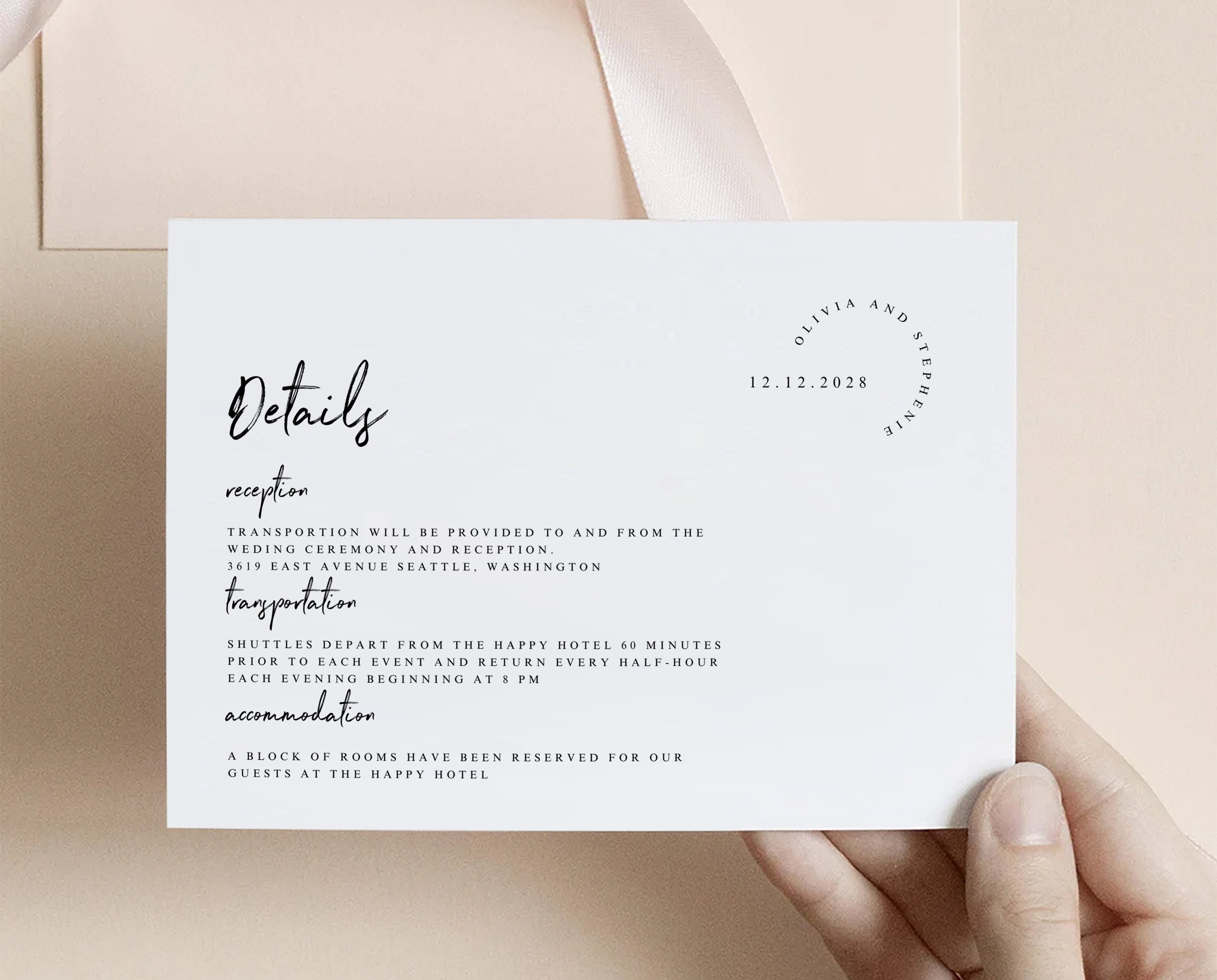 Modern Wedding Details Card Template, Editable Invitation Insert Card ...