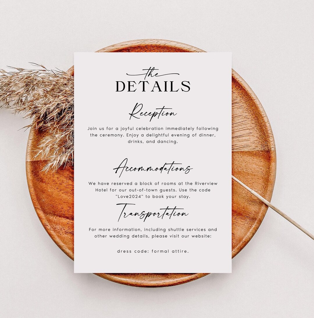 Wedding Details Card Template, Details, Editable, Printable Wedding ...
