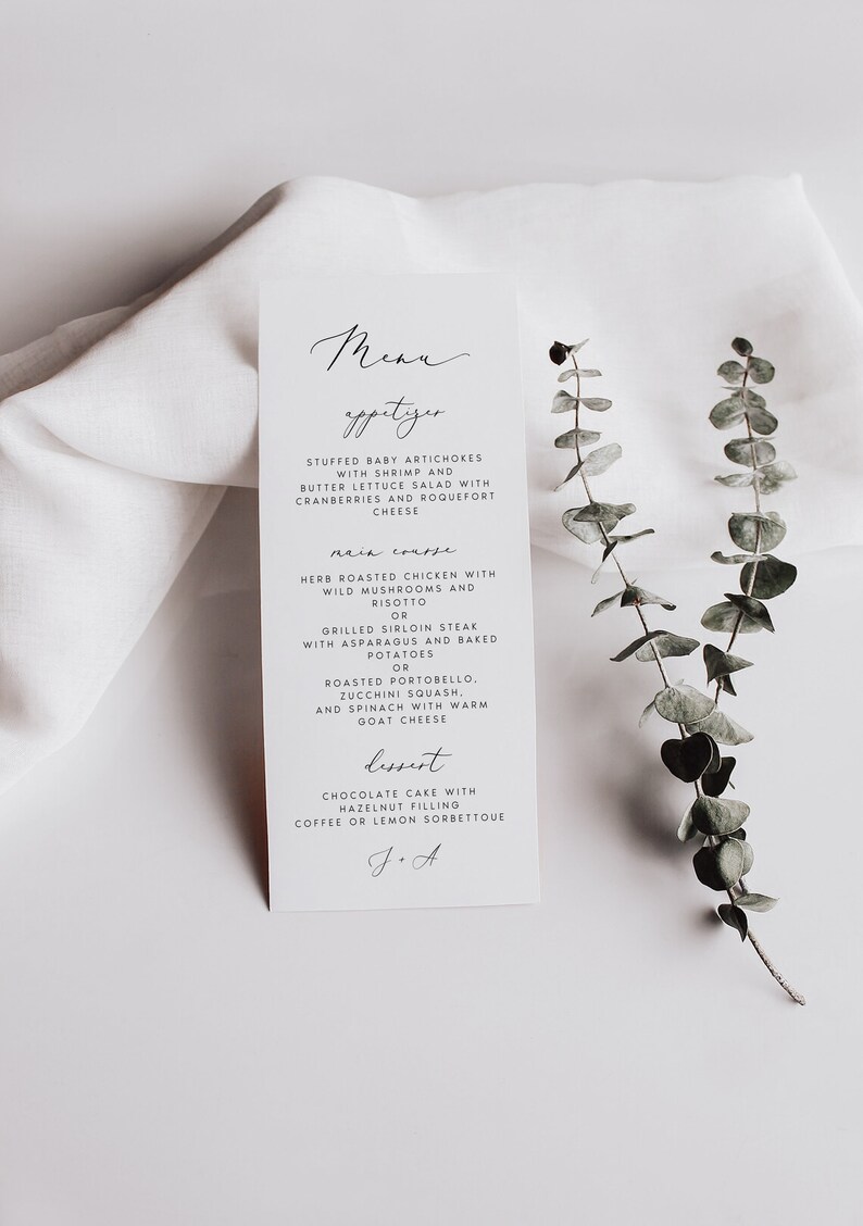 Minimalist Wedding Menu Template, Modern Script Wedding Dinner Menu ...