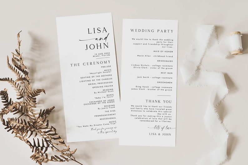 Wedding Program Template, Minimalist Wedding Monogram, Wedding Party ...