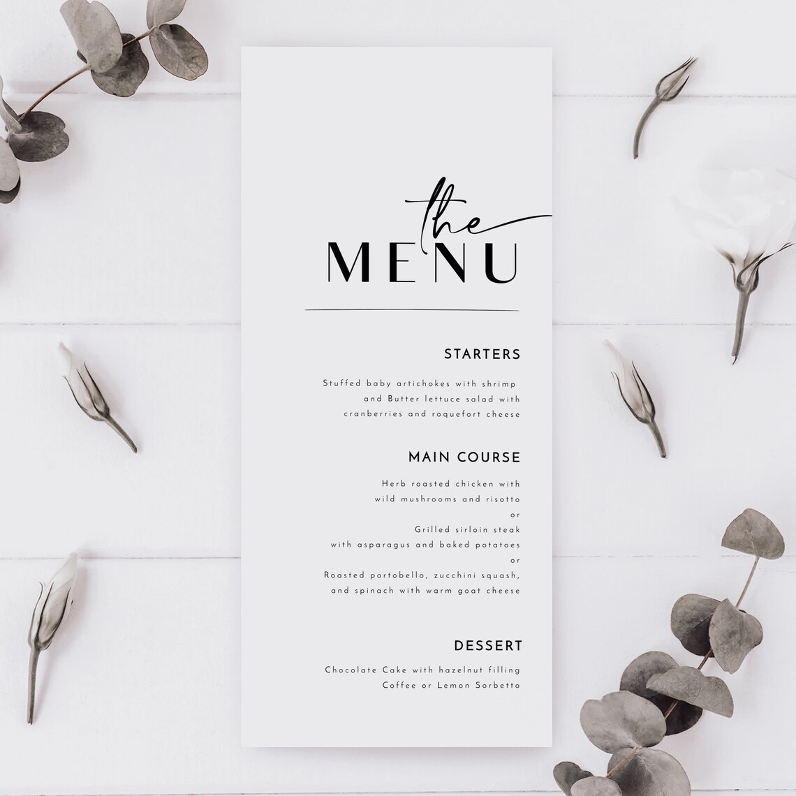 Minimalist Wedding Menu Template, Modern Script Wedding Dinner Menu ...