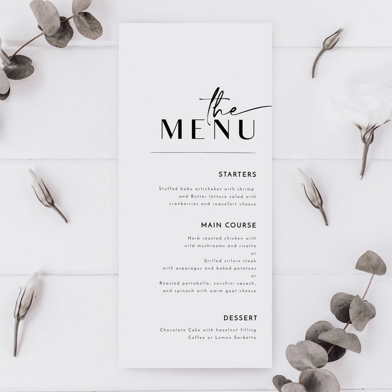 Minimalist Wedding Menu Template, Modern Script Wedding Dinner Menu ...