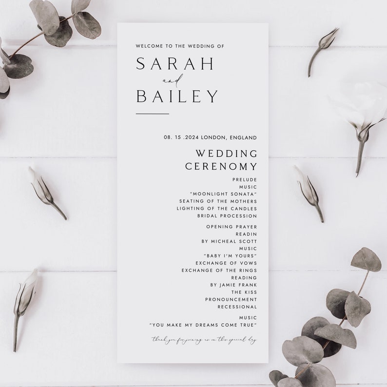Modern Wedding Program Template, Minimalist Order of Service, Wedding ...