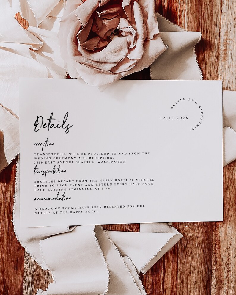 Modern Wedding Details Card Template, Editable Invitation Insert Card ...