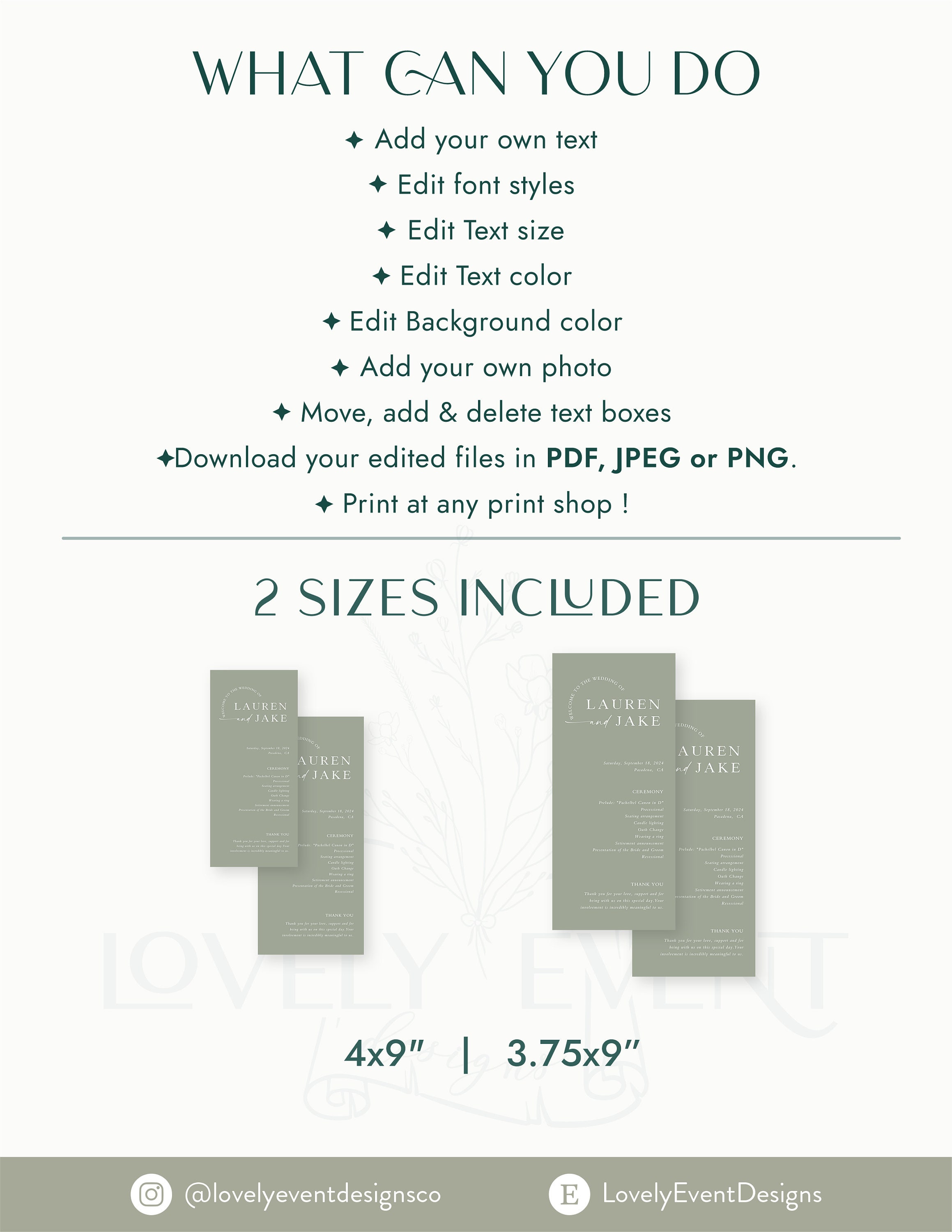 Sage Green Wedding Program Template, Modern & Classic, Elegant Tall ...