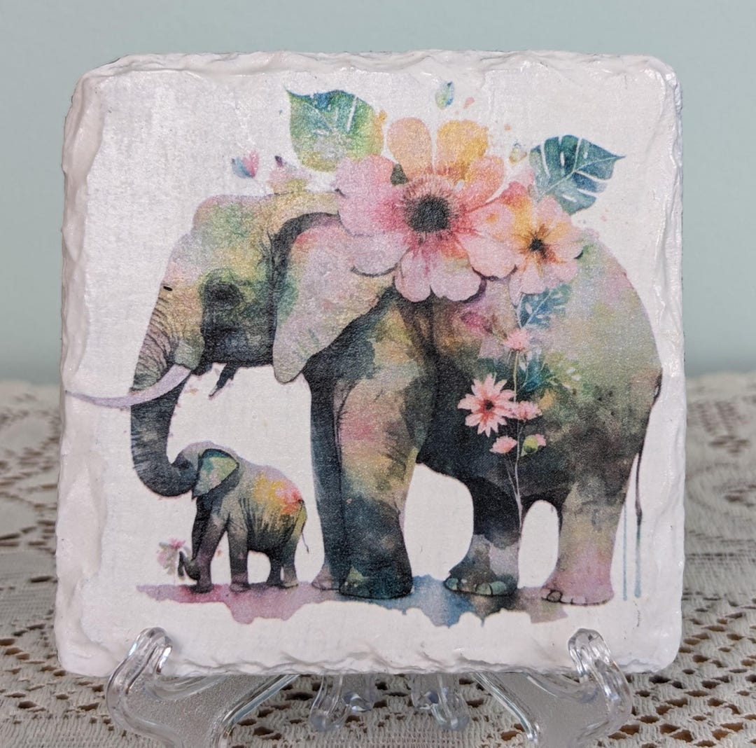 Elephant Momma With Baby Decorated Tile. Mom & Child Decor. Mothers ...