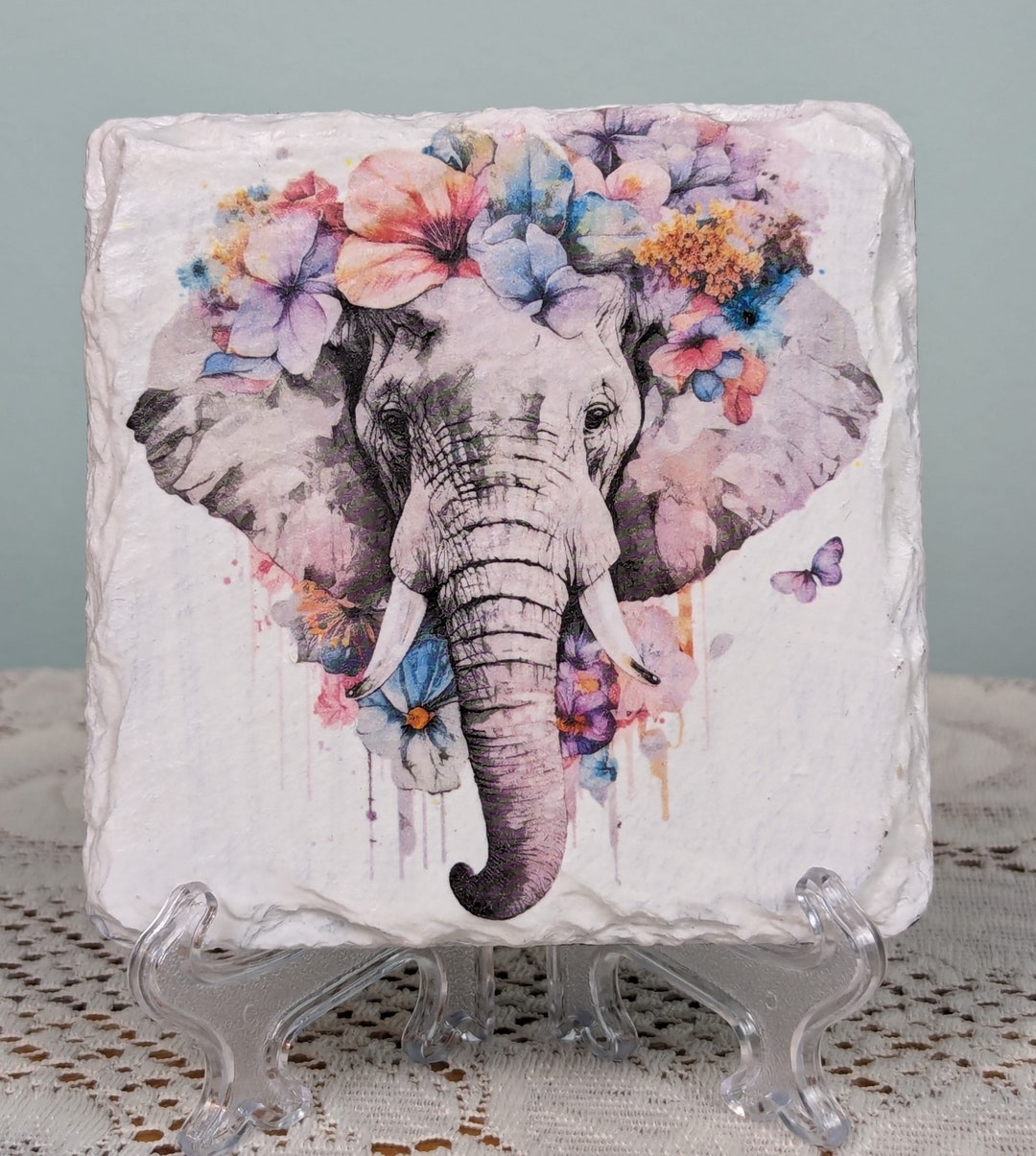 Elephants With Ivory Tusks. Decorated Slate Tile. Elephant Lovers ...