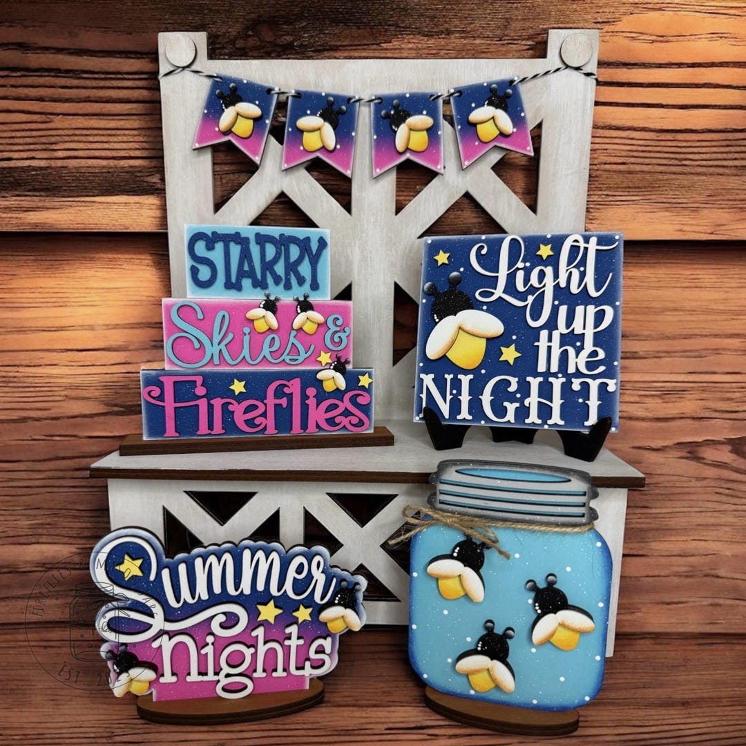 Summer Fireflies and Mason Jar Home Decor Set, Tiered Tray Pieces, Sold ...
