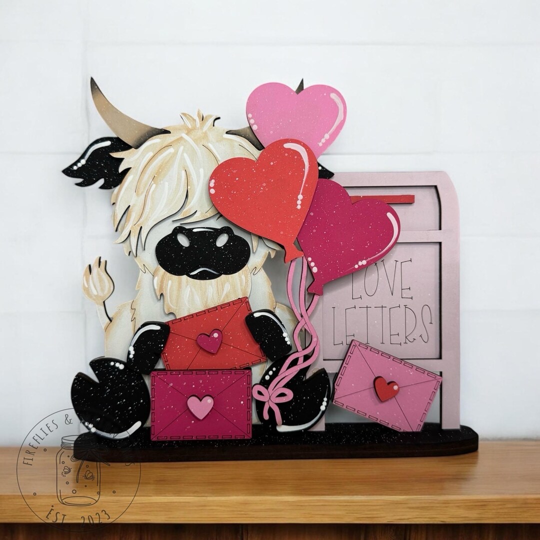 Valentines Day White Highland Cow Shelf Sitter, Custom Gifts, Valentine ...