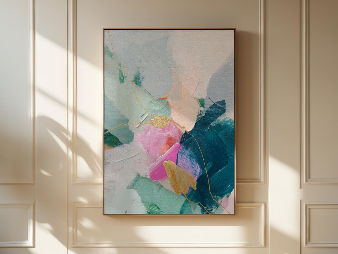 Vertical Abstract Canvas Wall Art in Teal, Pink & Gold • Modern ...