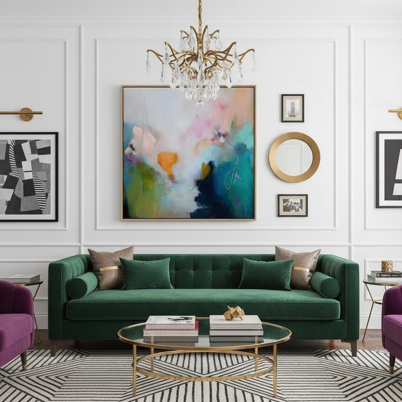 Framed Canvas Wall Art Square Abstract Painting in Teal Blush Navy ...