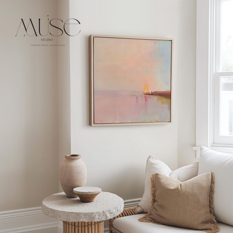 Framed Abstract Canvas Art Blush Pink Horizon Pastel Landscape Soft ...