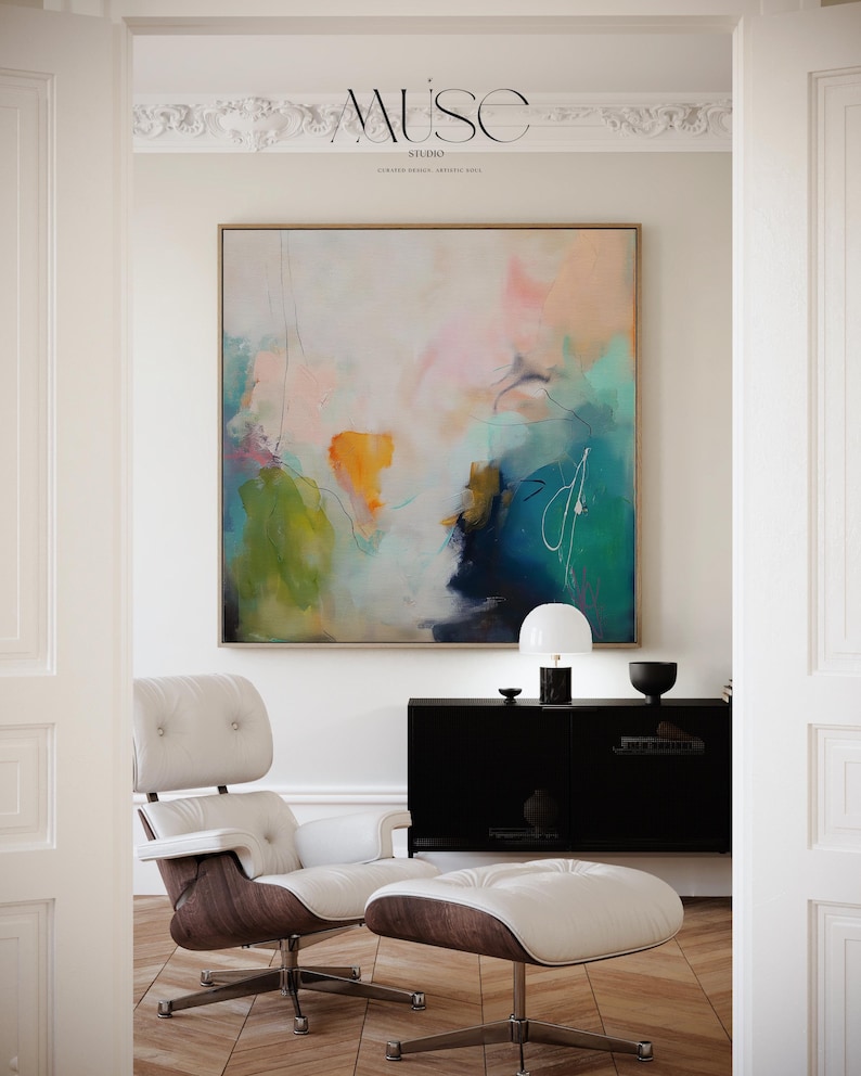 Framed Canvas Wall Art Square Abstract Painting in Teal Blush Navy ...