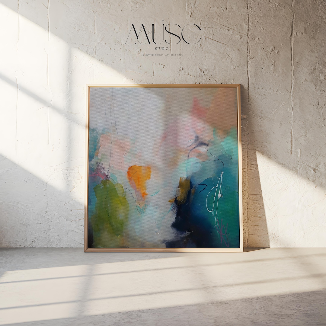 Framed Canvas Wall Art Square Abstract Painting in Teal Blush Navy ...
