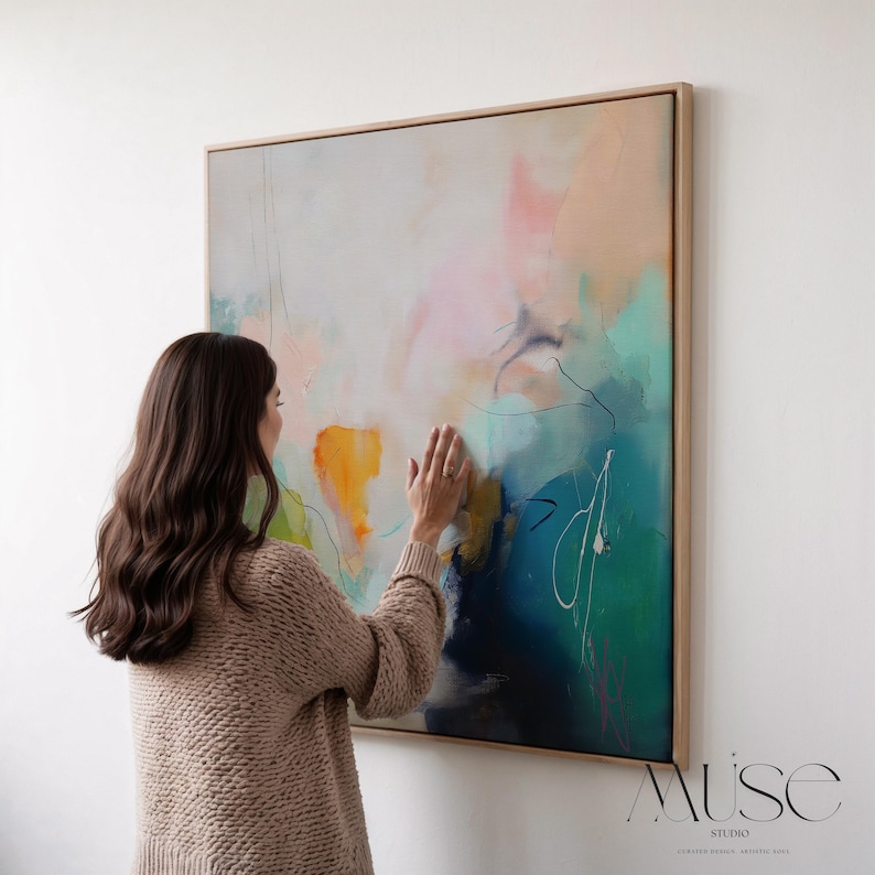 Framed Canvas Wall Art Square Abstract Painting in Teal Blush Navy ...