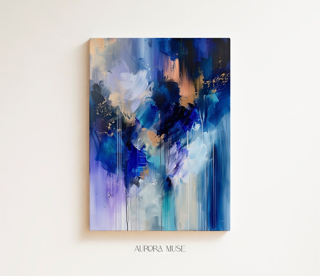 Vertical Blue & Gold Abstract Home Decor: Colorful Modern Wall Art ...