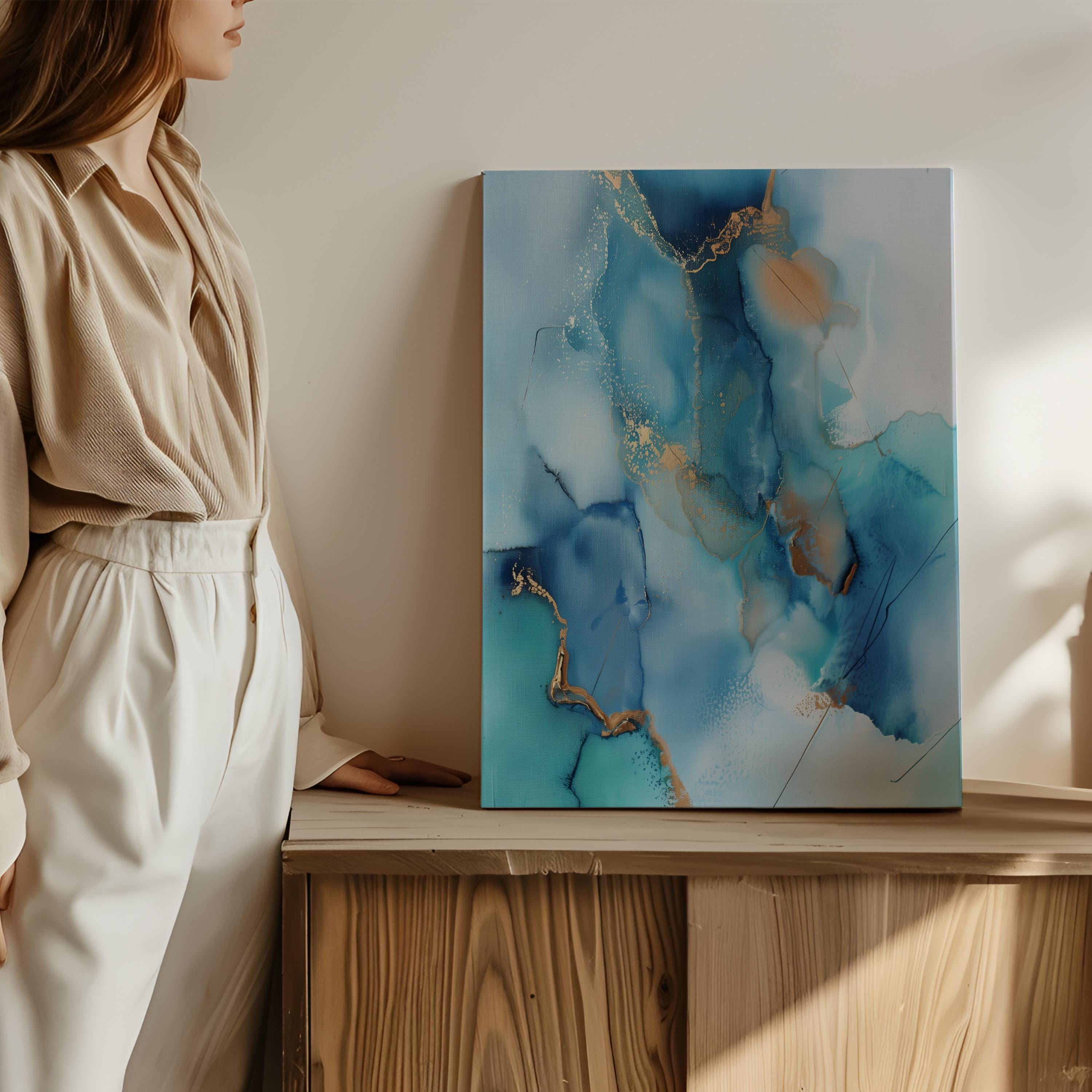 Vertical Abstract Canvas in Ocean Blues and Gold, Modern Wall Art for ...