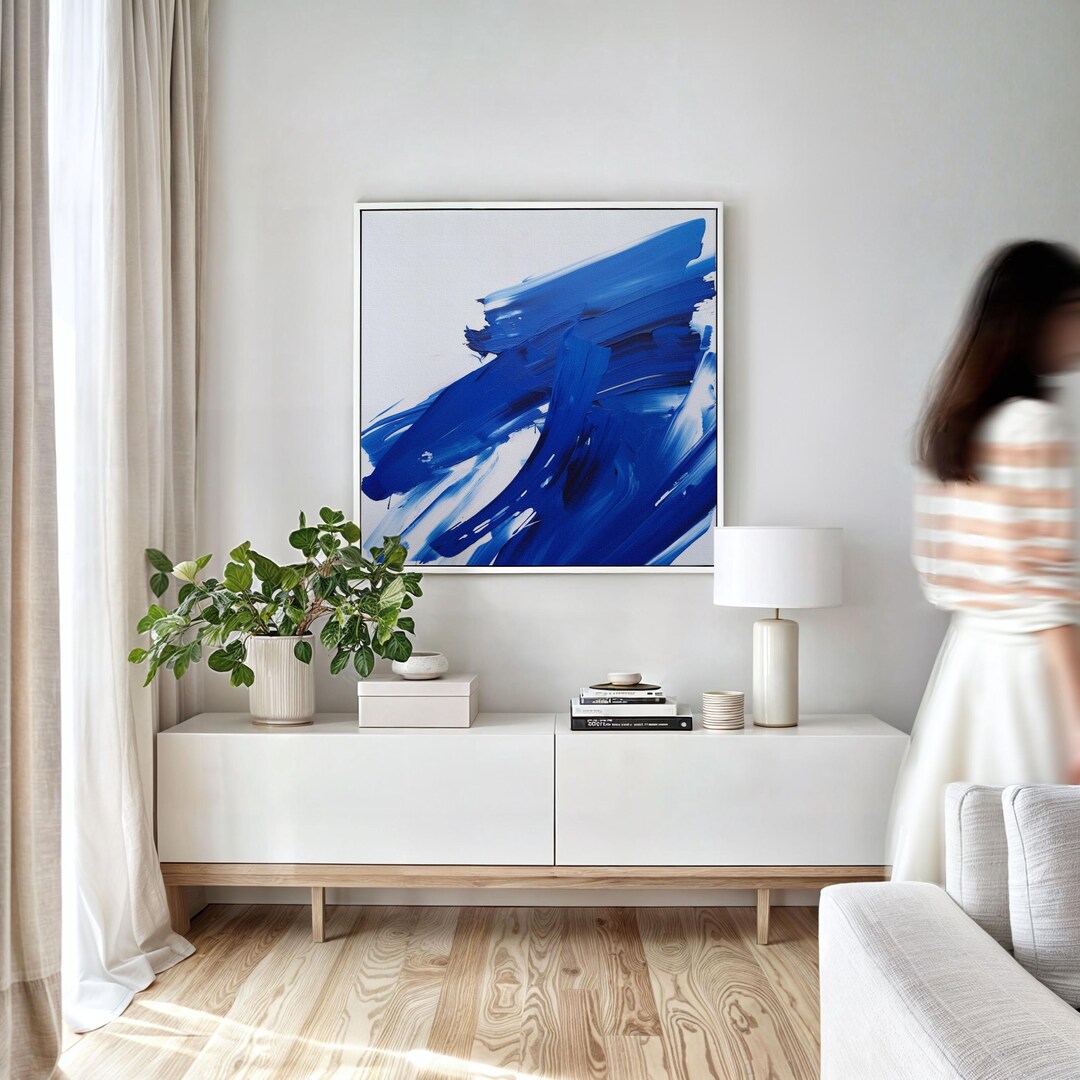 Japandi Abstract Art, Large Abstract Painting Print in Vivid Blue ...
