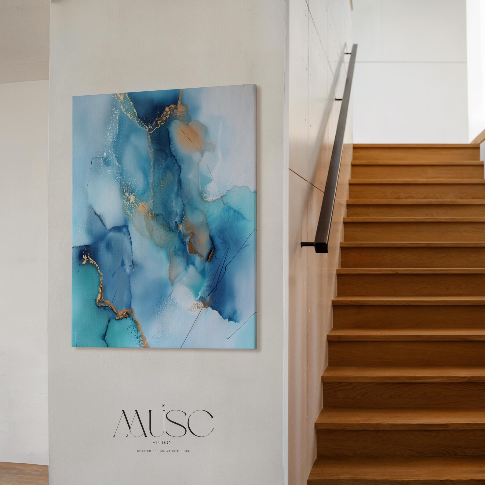 Vertical Abstract Canvas in Ocean Blues and Gold, Modern Wall Art for ...