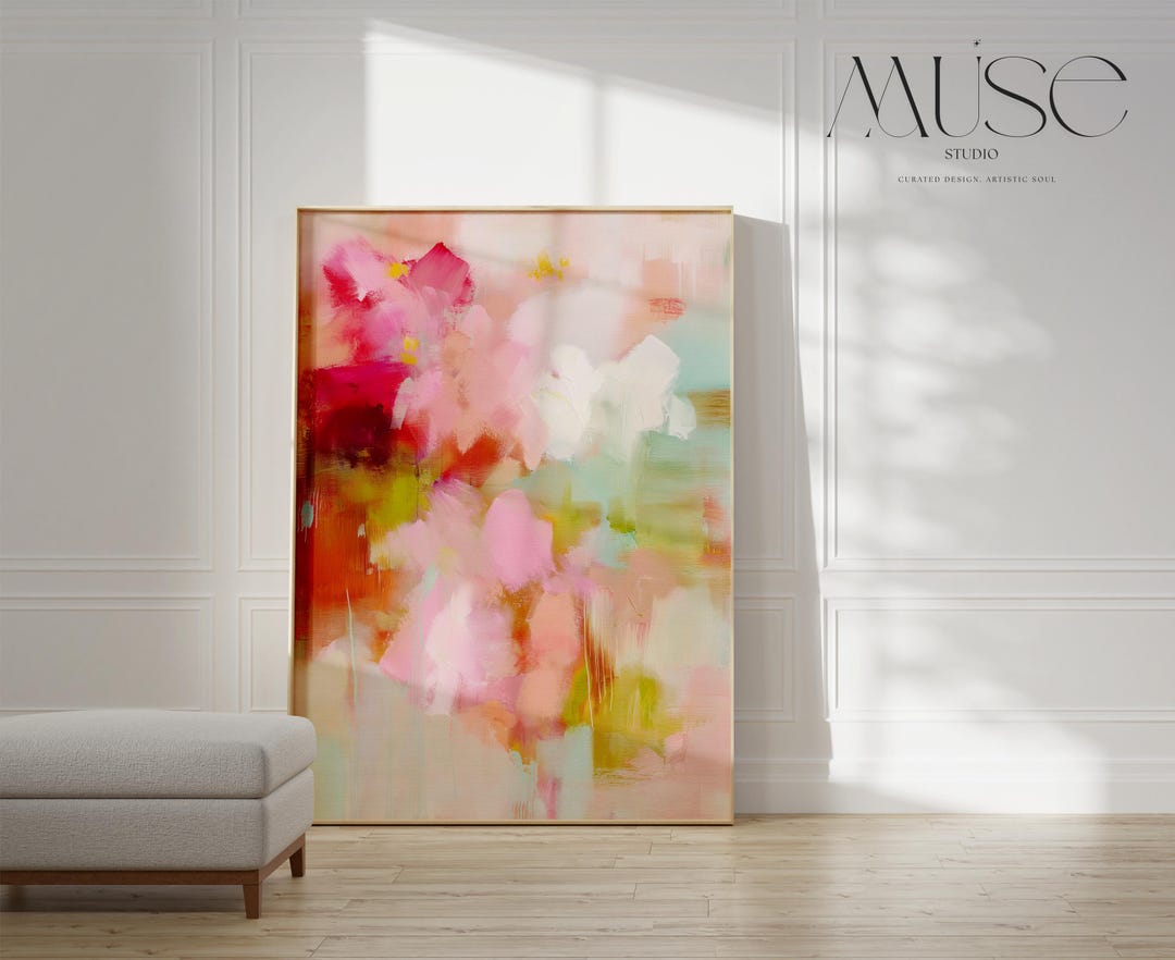 Poster Print by Muse Studio • Bright Pink Red and Green Floral Abstract ...