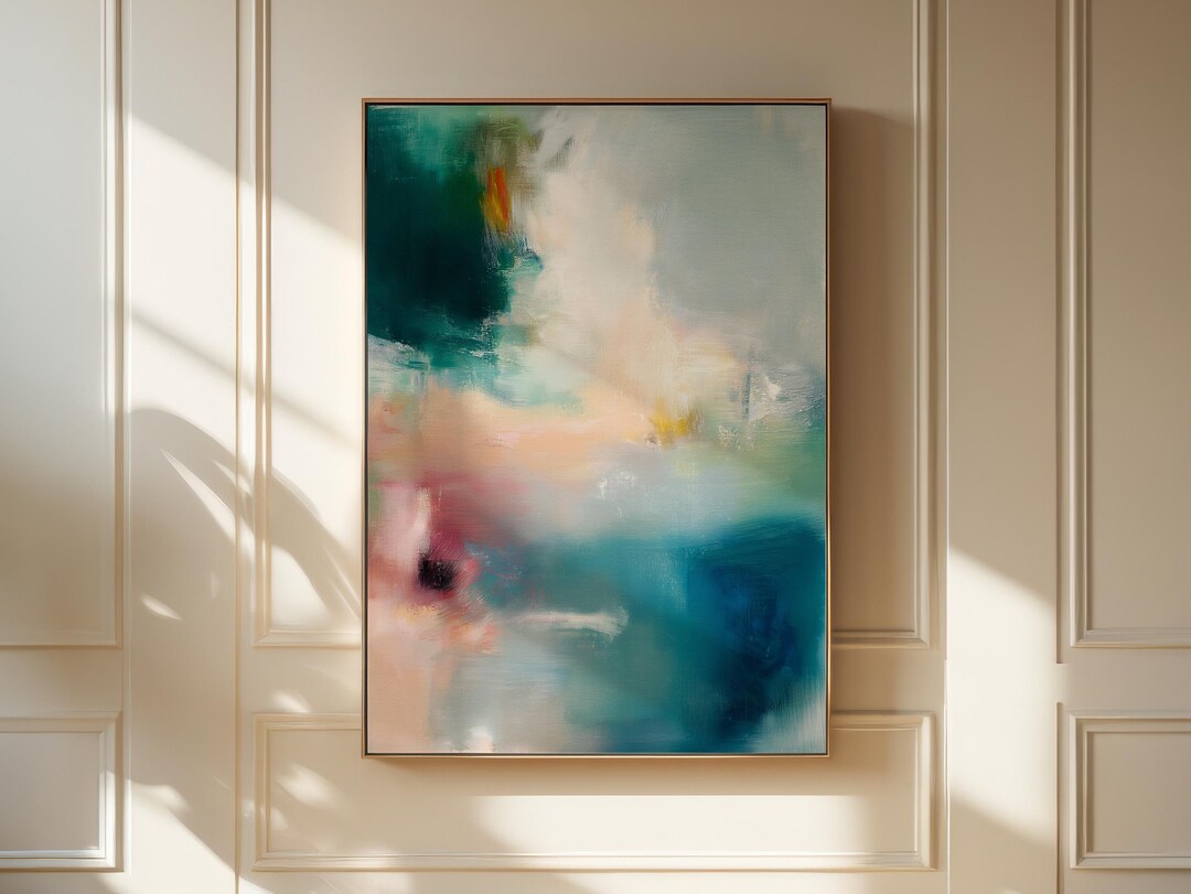 Vertical Abstract Canvas Wall Art in Teal, Blush & Gold • Modern Framed ...