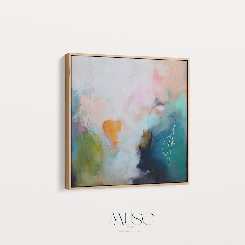 Framed Canvas Wall Art Square Abstract Painting in Teal Blush Navy ...