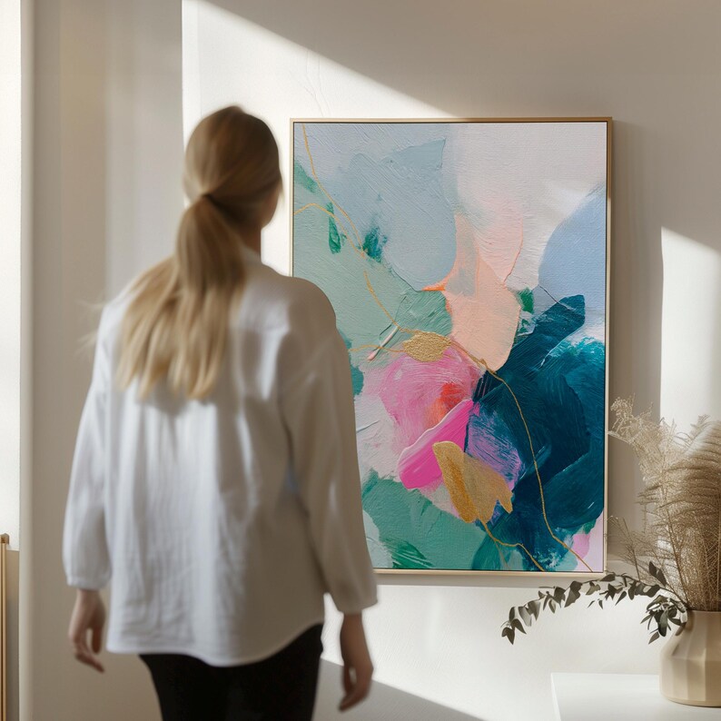Vertical Abstract Canvas Wall Art in Teal, Pink & Gold • Modern ...