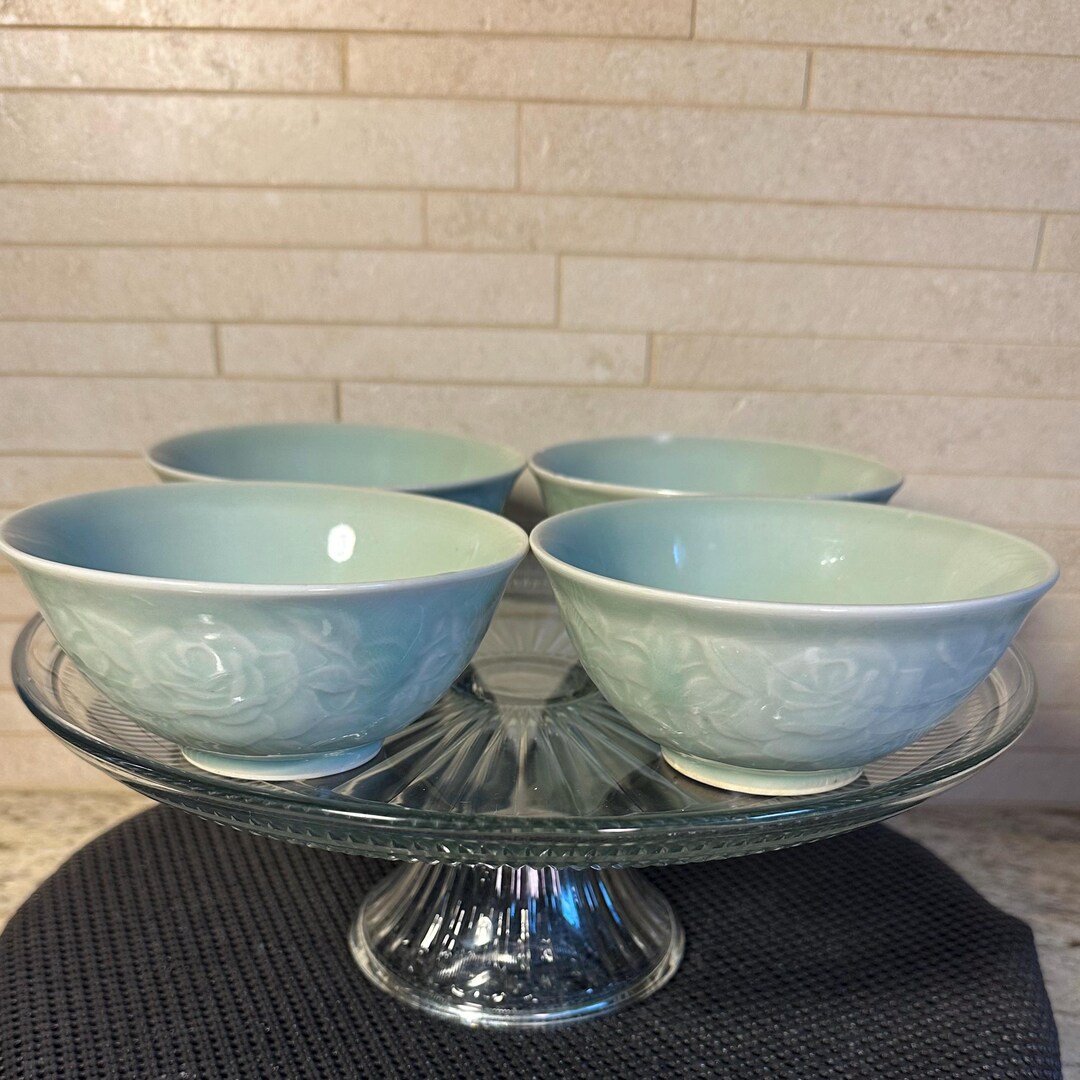 4 Celadon Rice Bowls. Rose Relief Theme. Unsigned. *please Read* - Etsy