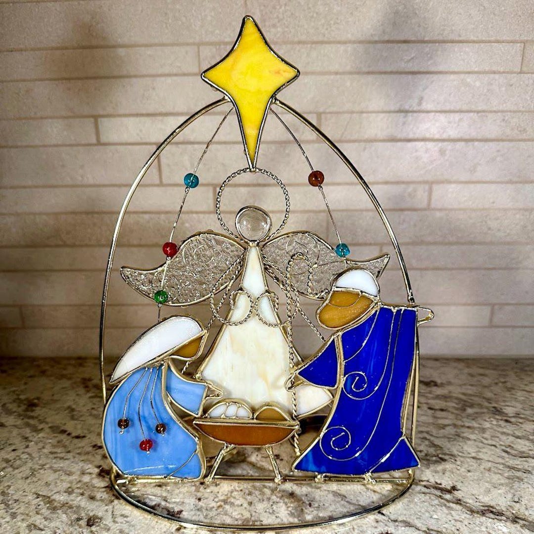 Vntg. Stained Glass, Beaded Nativity Scene With Guardian Angel. Tea ...