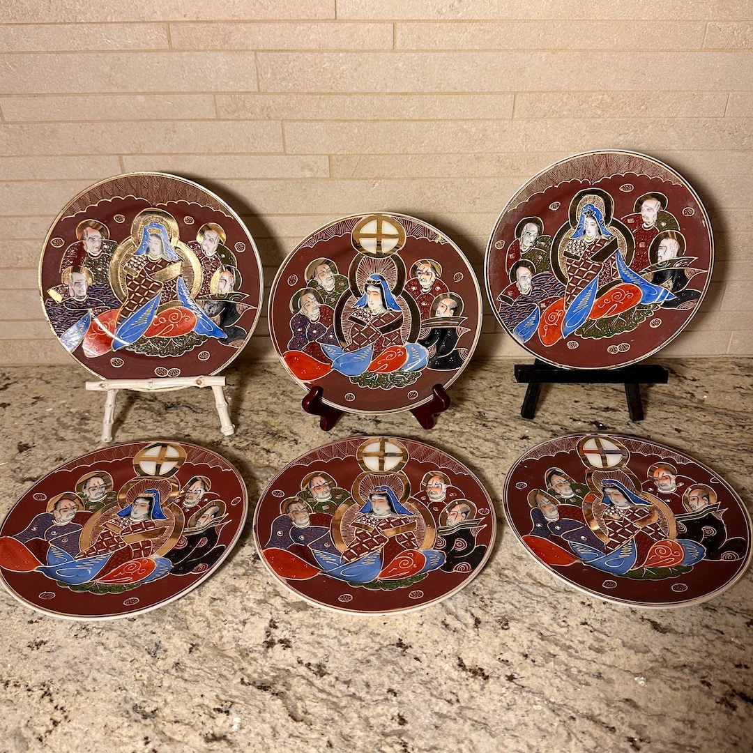 Set of 6 Japanese Moriage Kannon Plates | Goddess of Mercy | Mid ...