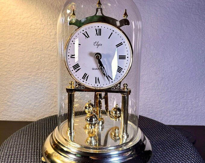 Vintage, Elgin Anniversary Clock. 11.5" Larger Size, Silent. Glass Dome ...