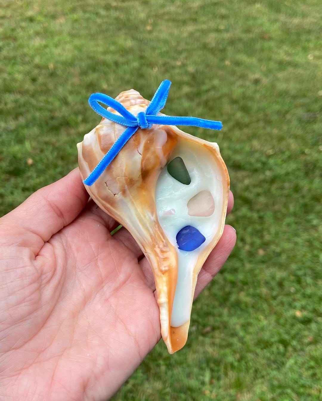 Knobbed Whelk Decoupaged Candles With Sea Glass, Small 3"x5" Whelk ...