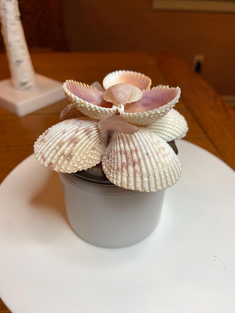 Seashell and Sea Glass Flowers in Beach-found Milk Glass Cosmetic Jars ...
