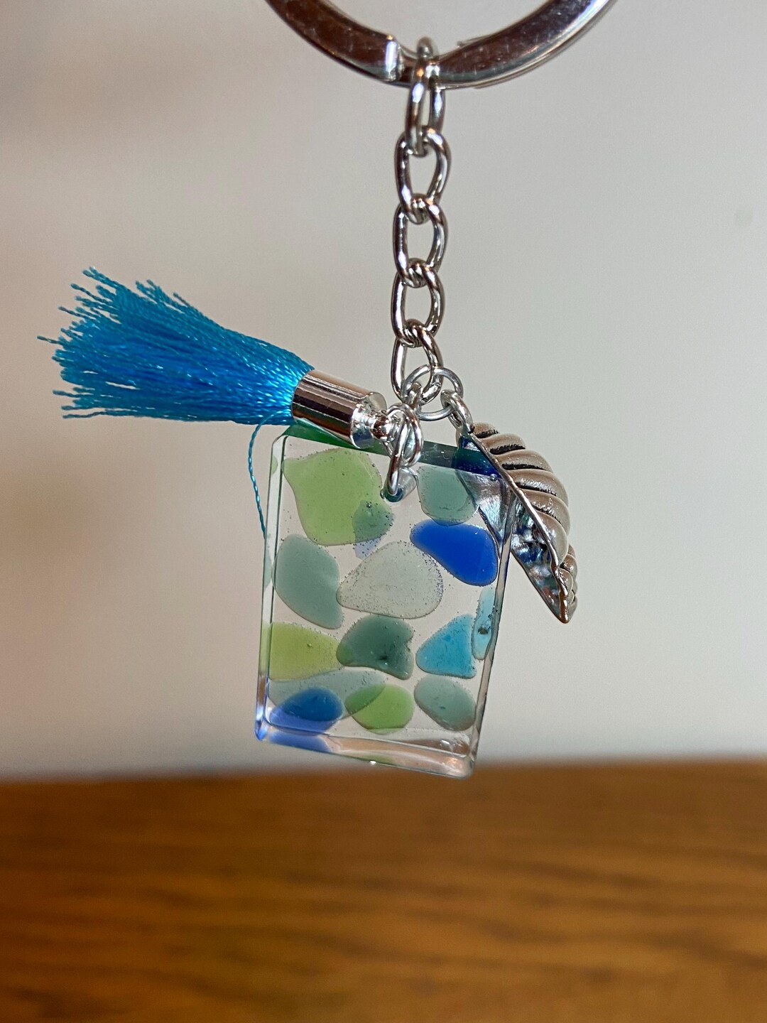 Sea Glass Resin Keychain With Tassel and Sea Life Charm, Coastal ...