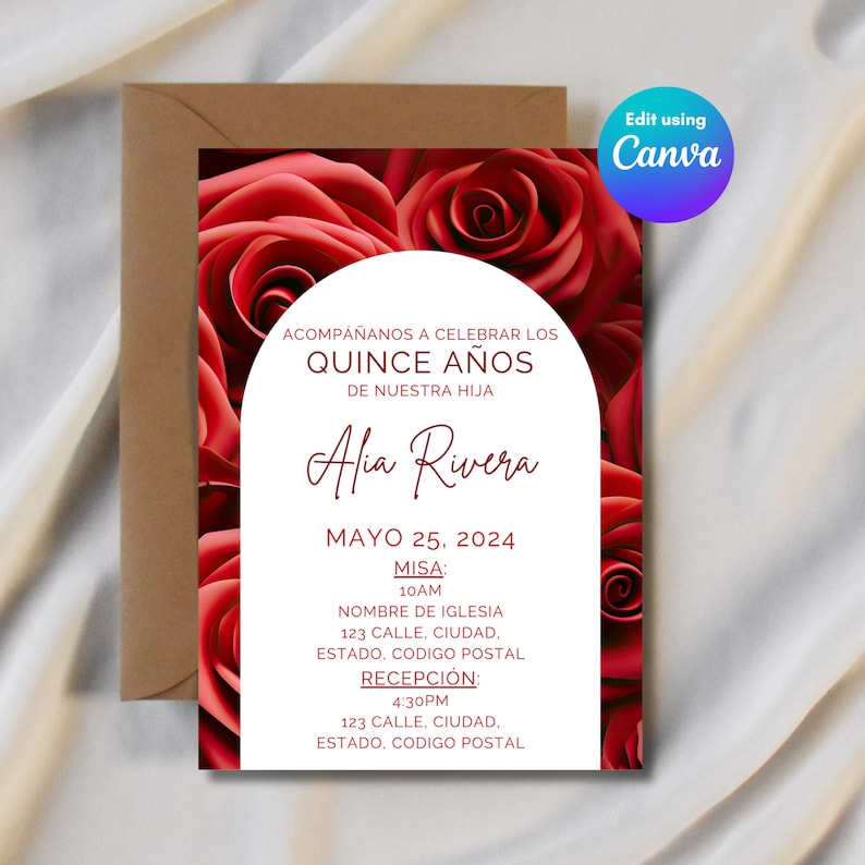 Red Roses Quinceañera Invitation Template, Mis Quince Red Roses ...