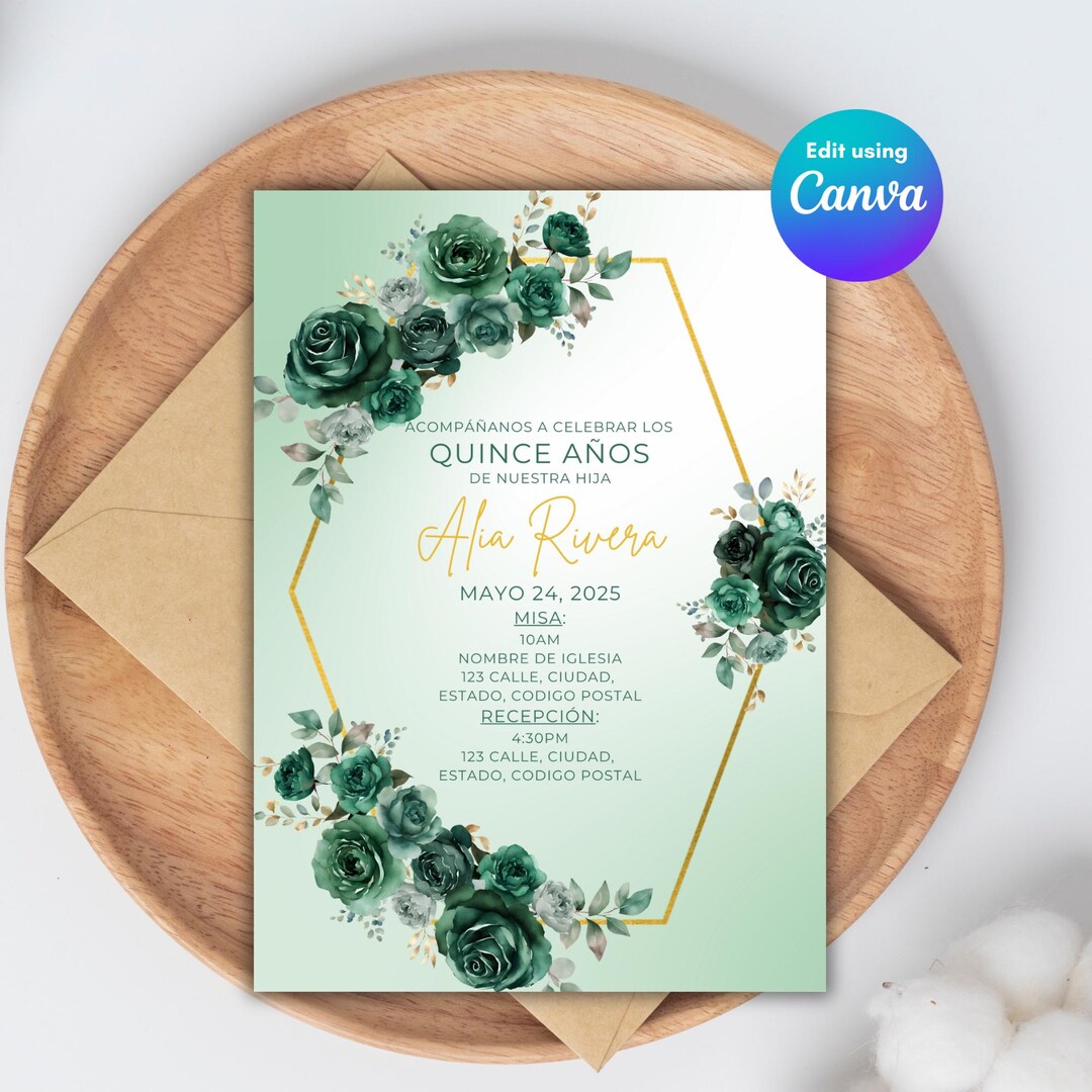 Emerald Green & Gold Floral Quinceanera Spanish Invitation Template ...