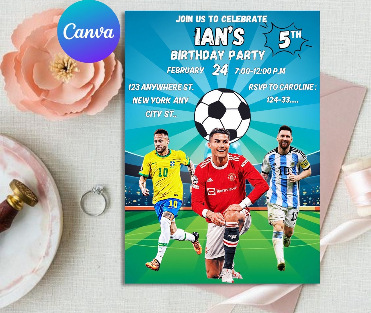 Ronaldo Birthday Invitation, Messi Birthday Invitation, Football ...