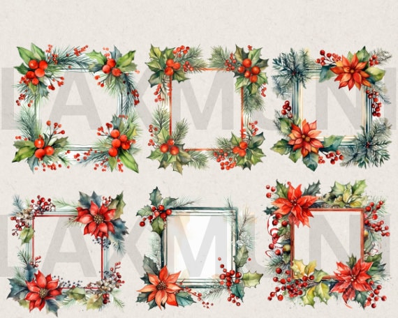 15 Christmas Frame Clipart, Frame Clipart, Watercolor Clipart, Holiday ...