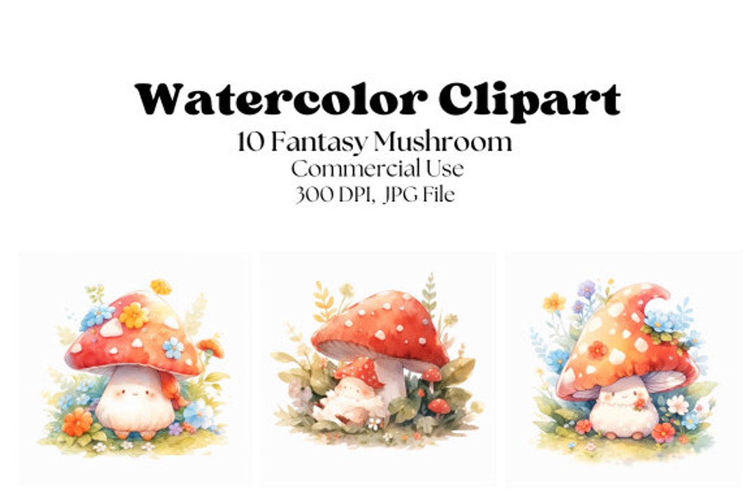 10 Watercolor Fantasy Mushroom Clipart, Personal and Commercial Use ...
