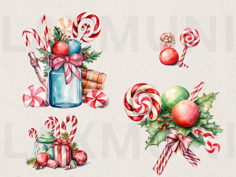 22 Christmas Clipart, Candies Clipart, Watercolor Clipart, Holiday ...